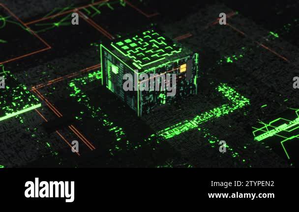 Processor or microchip and electronic signals on motherboard circuit, 3D motion graphics ...