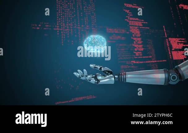 Digitally generated animation of a robotic hand holding out a glowing ...