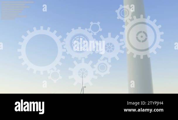 Panning view of wind turbines with moving white gear wheels icon as ...
