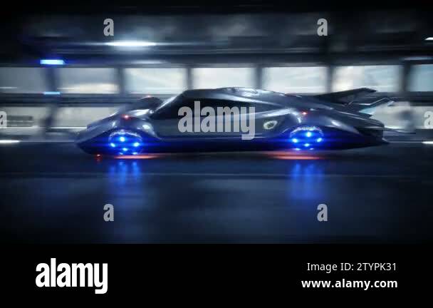 futuristic flying car fast driving in sci fi tunnel, coridor. Concept ...