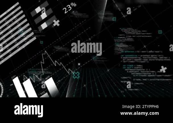 Animation of scope scanning data processing and statistics recording with world map on black ...