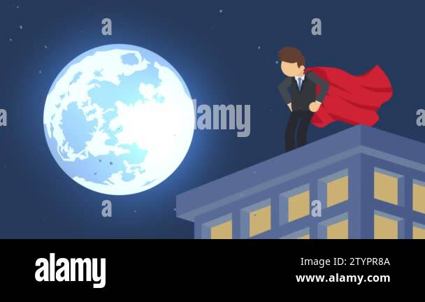 Superhero in moonlight city. Standing over skyscraper. Business symbol ...