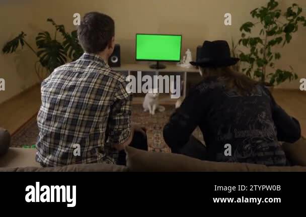 4K 60p Excited Friends Fans in Front of Green Screen Watch Cheering TV ...