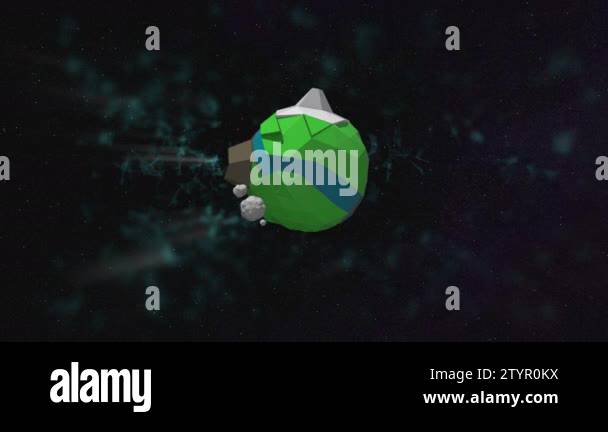 4K animation of abstract cartoon Earth rotating in dark plexus space ...