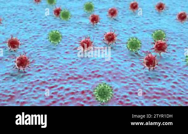 3D animation of multiple green and red viruses moving above the surface ...