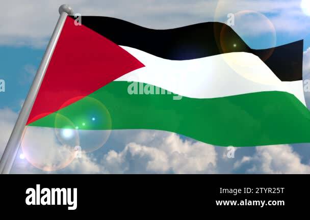 The flag of the state of Palestine is developing in the wind against a ...