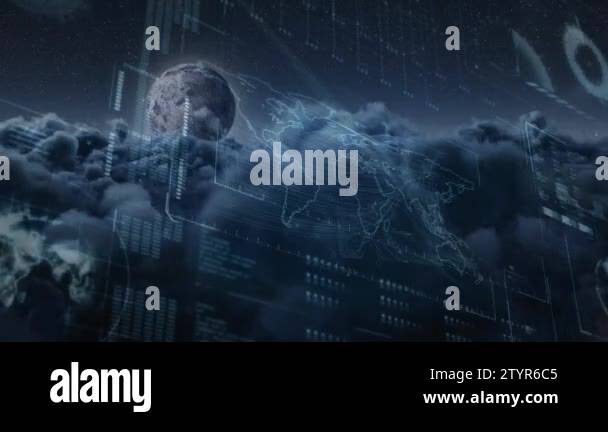 Overview of a world map on a screen, fluctuating frequency bars ...