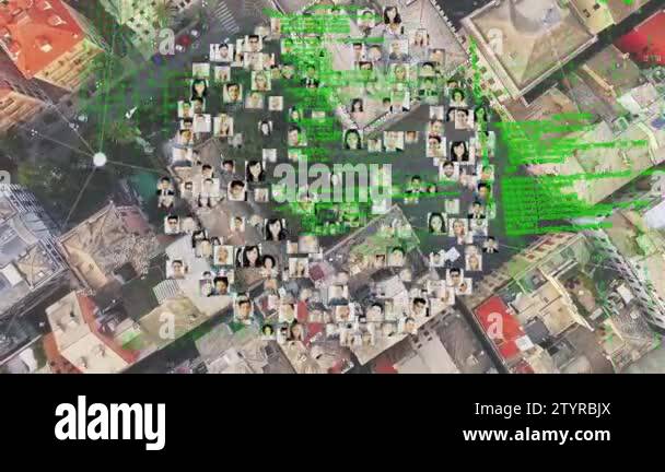 Digital animation of multi-racial profile icons connected by lines while background shows an ...