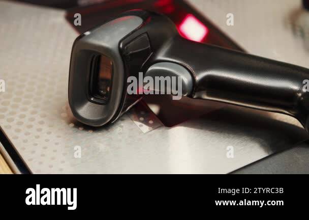 Footage of barcode scanner at check out in shop.Cashier tool at store ...