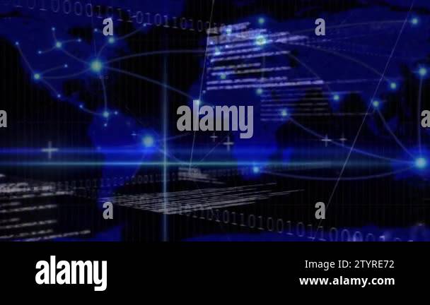 Digital Composite Of World Map With Places Connected By Lines And Binary Codes Moving On The 