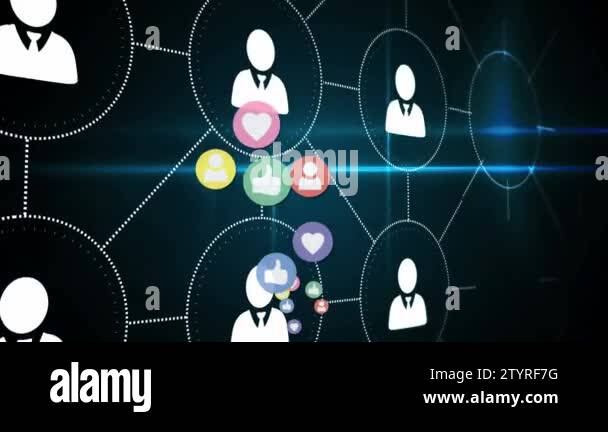 Digitally generated animation of linked profile icons in circle while ...