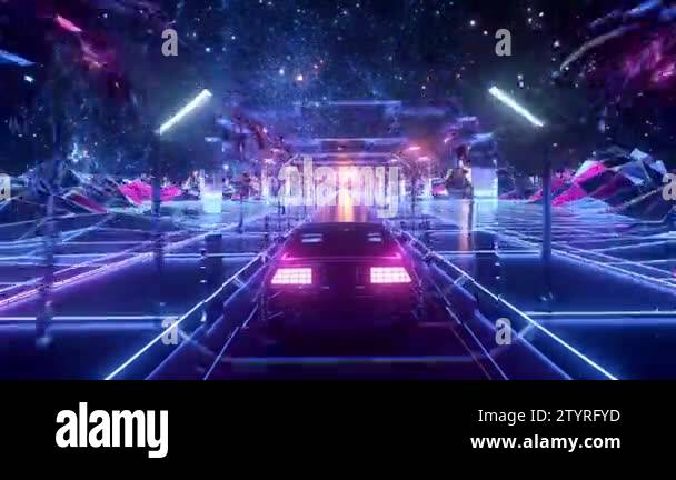 Abstract futuristic car driving on a road among street lamps and palm ...