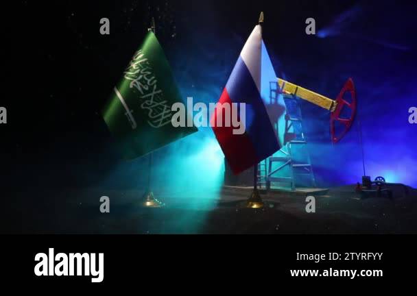 Business dialogue, oil agreement concept: National flags with Oil pump ...