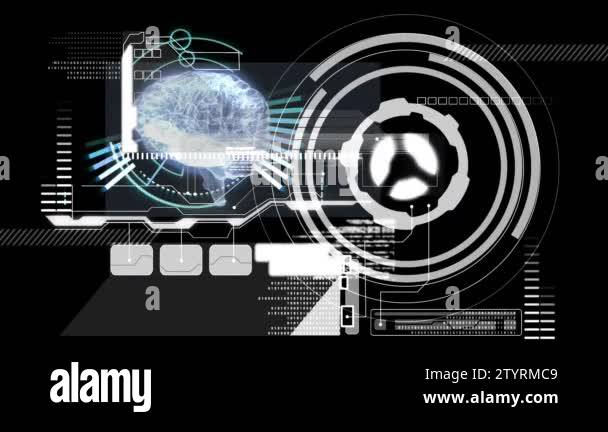 Animation of 3d glowing blue human brain rotating in seamless loop with scope scanning and data ...