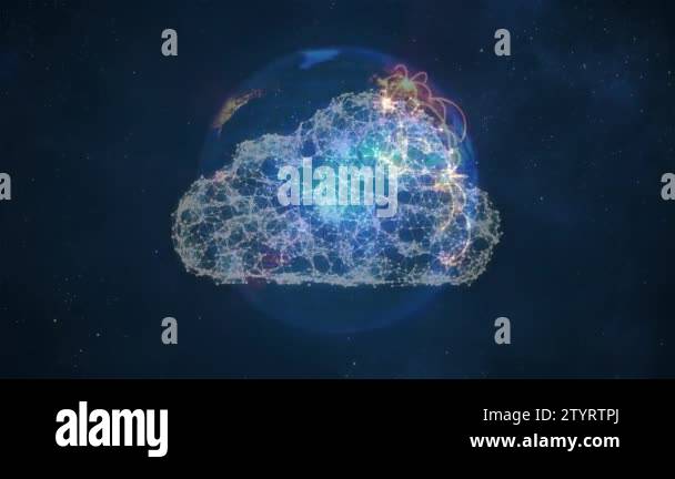 Animation of a digital cloud in the middle with a rotating 3d globe at ...