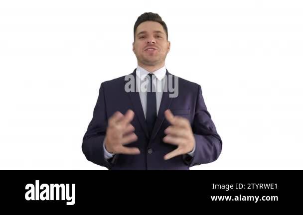 Man in formal clothes speaking to camera doing hand gestures in a very ...