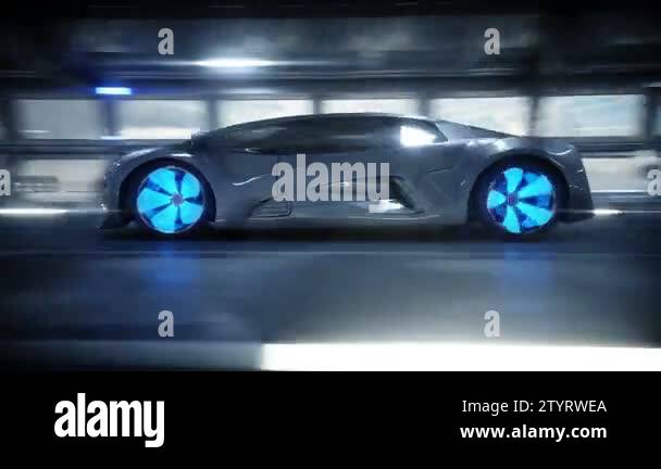 futuristic car fast driving in sci fi tunnel, coridor. Concept of ...