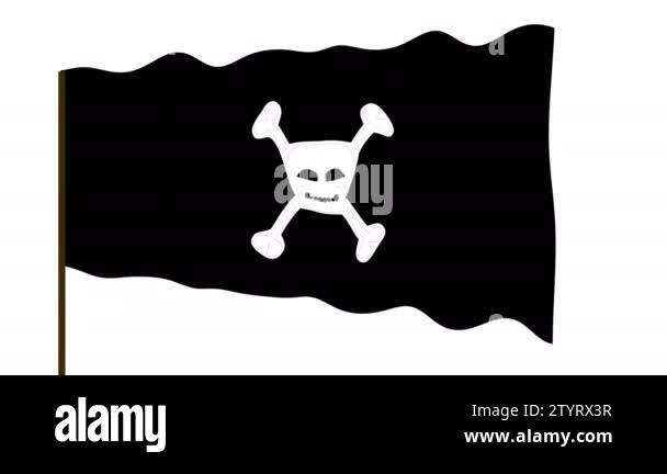 Pirate waving black flag with image of human skull isolated on white ...