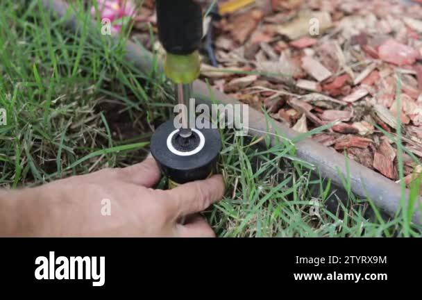 Plumber Man fixing Sprinkler Head in backyard. Grass Field Sprinklers ...