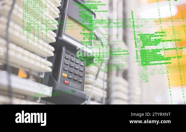 Digitally generated animation of program codes moving in the screen ...