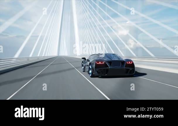 3d model of black futuristic car on the bridge. Very fast driving ...