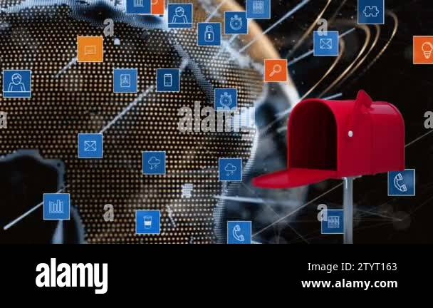 Digitally generated red mailbox opening to release messages while ...