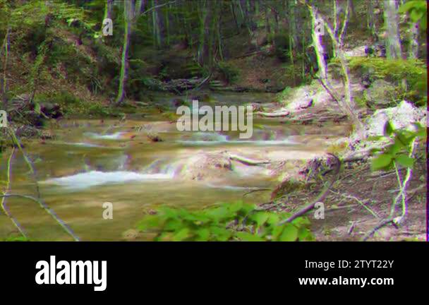 Glitch effect. Cascades on the river. Grand Canyon of Crimea. Mountain ...