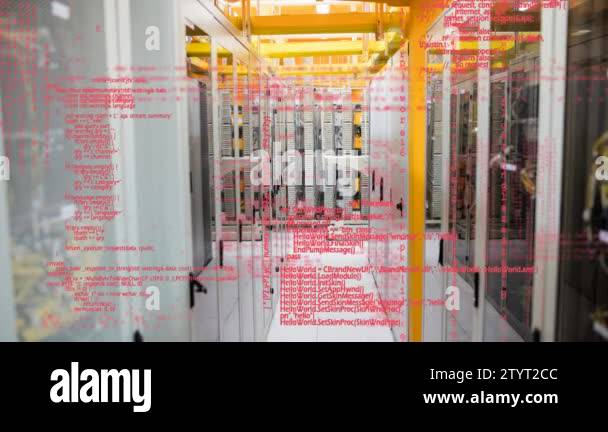 Digital animation of red codes moving across the screen and background of a hallway of server ...