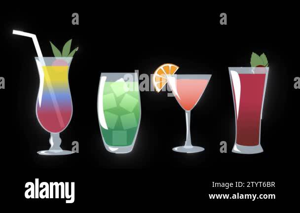 2d animation of cocktails on black background. Drinking glasses with ...