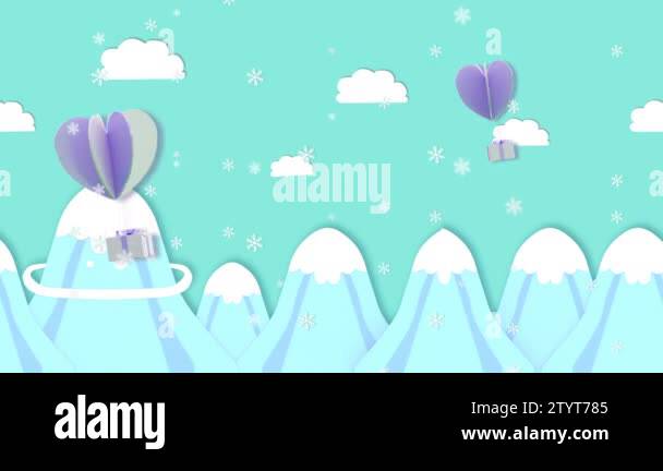 Motion, Gift boxes and hearts float in the air above the snow-capped ...