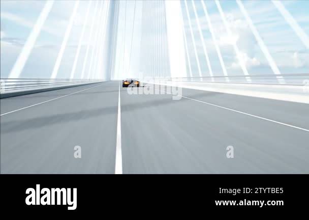 3d model of black futuristic car on the bridge. Very fast driving ...