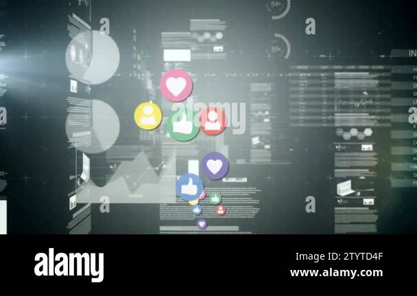 Digital animation of social media icons moving in the screen while ...