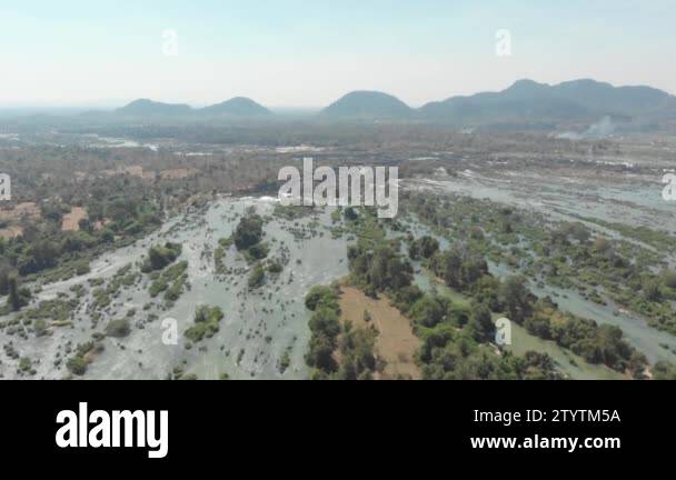 Aerial: flying over Don Det and the 4003 islands Mekong River in Laos ...