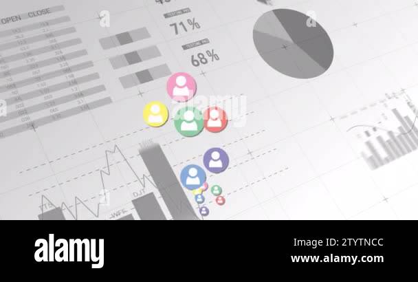 Digital animation of floating colored follow icons while charts and graphs are moving on the ...