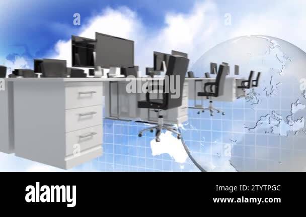 Digital animation of desktops with computers scrolling on a sky ...