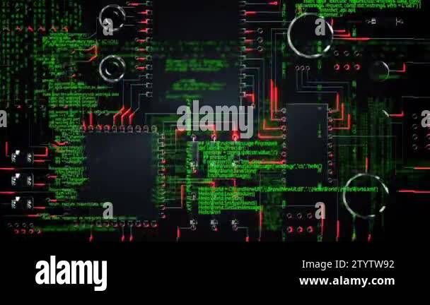 Digitally generated animation of a circuit with program codes moving in the screen Stock Video ...