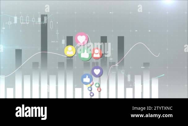 Digital animation of heart, like and follower icons on a moving grey ...