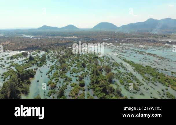 Aerial: flying over Don Det and the 4004 islands Mekong River in Laos ...