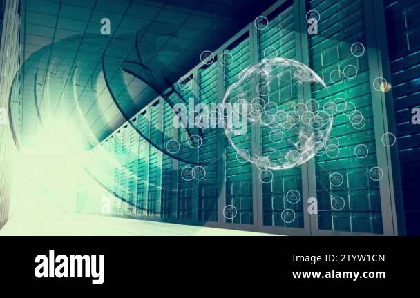 Digitally generated animation of a rotating globe with circular labels pausing before abruptly ...