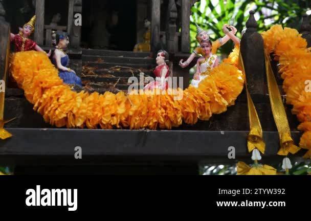 Wooden miniature guardian spirit house. Small buddhist temple shrine ...