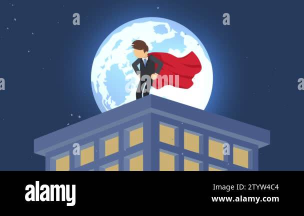 Superhero in moonlight city. Standing over skyscraper. Business symbol ...