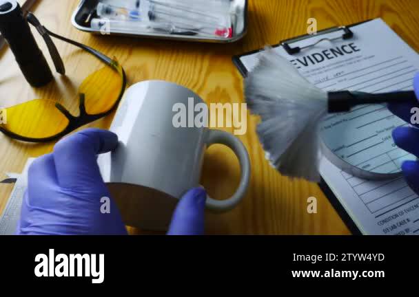 Expert Police examine fingerprints with ultraviolet light in a white ...