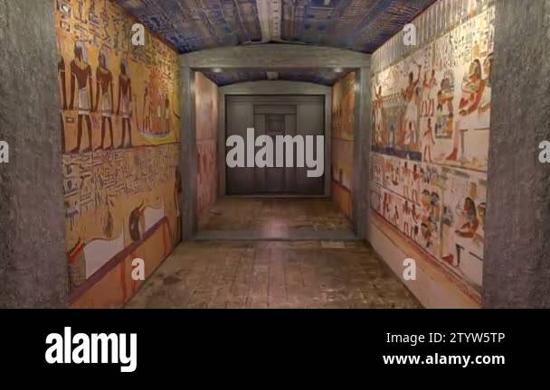 A 3D animation of a tomb in ancient Egypt. A greenscreen behind a door ...