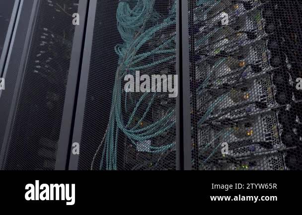 Server rack flashing led lights are in a modern data center are located ...