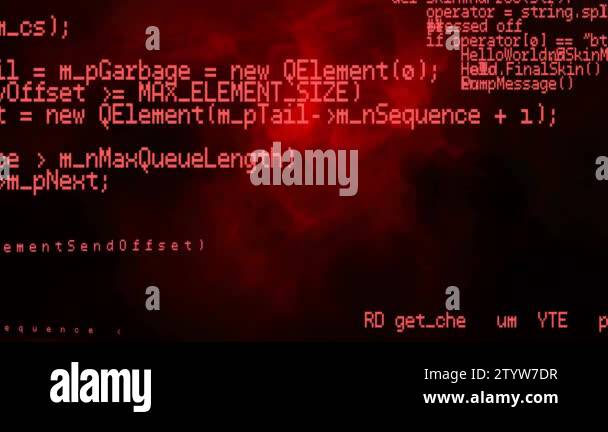 Digital animation of program codes moving in the screen with a black background with red smoke ...