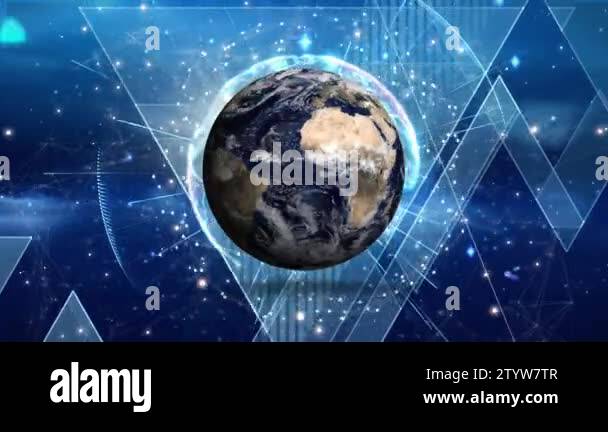 Digitally generated animation of globe rotating zooms in while thousands of lights ...