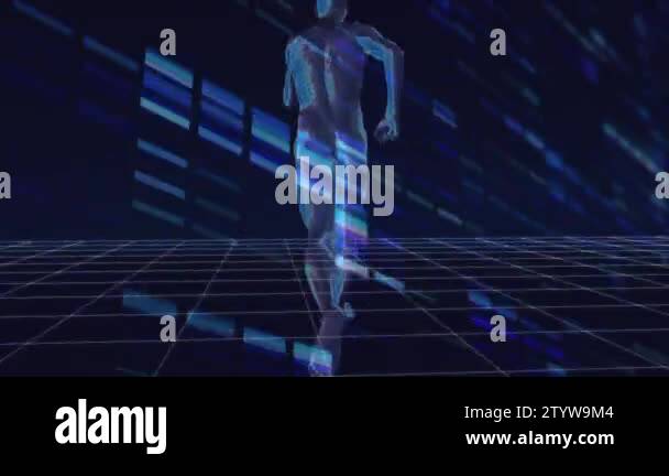 Rotation view of a running digital man on a grid with side view of ...
