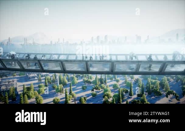 People and robots. Sci fi tonnel. Futuristic traffic. Concept of future ...