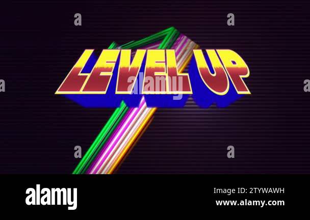 Digital animation of a game level up sign with colourful lights moving ...