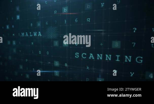 Digital animation of a cyber security lock and its components in icons, random codes and words ...